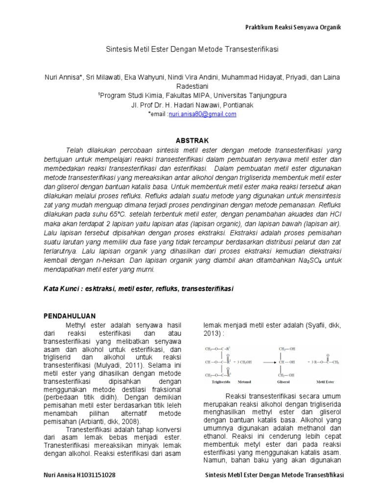 Sintesis Metil Ester Dengan Metode Transesterifikasi | PDF