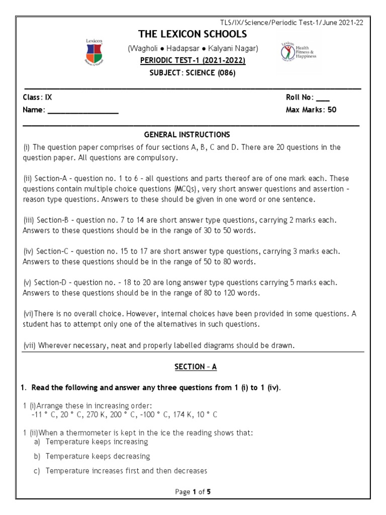 The Lexicon Schools: TLS/IX/Science/Periodic Test-1/June 2021-22 | PDF ...