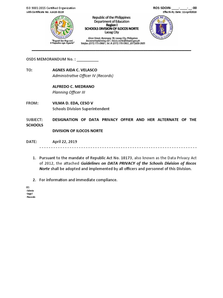 Osds Memorandum - Data Privicy Manual.2019 | PDF | Information Privacy ...