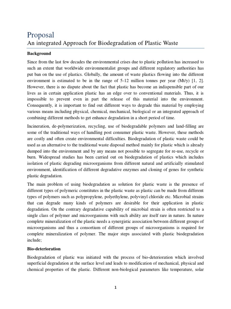 Proposal On Plastic Biodegradation - V.S01 - Rajshree | PDF | Biodegradation | Plastic
