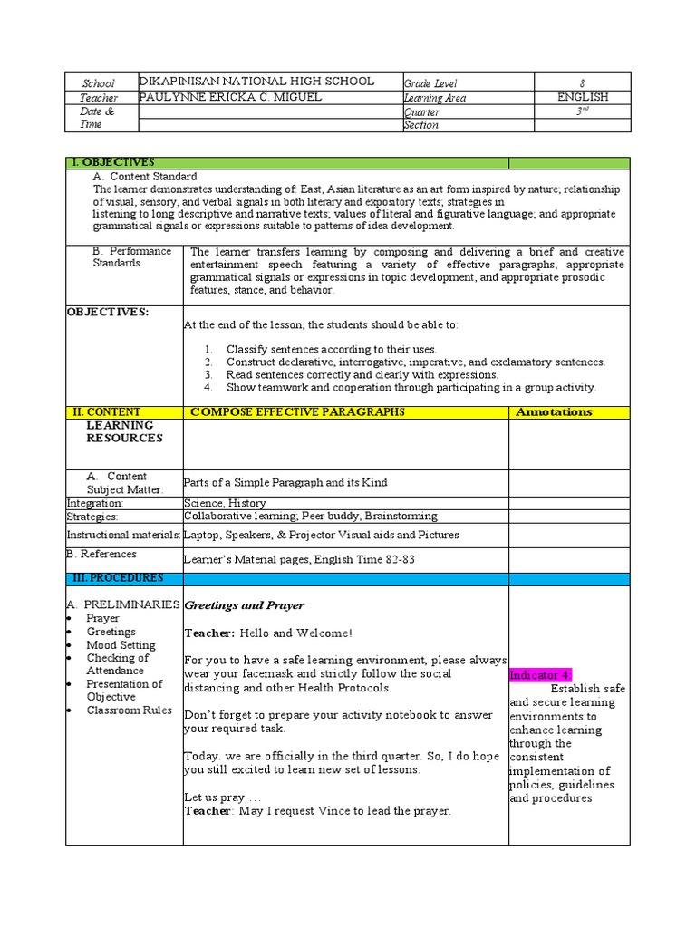 Parts of A Simple Paragraph and Its Kind COT 2 DLP | PDF | Learning ...