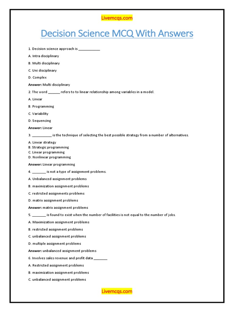 Decision Science MCQ With Answer PDF | PDF | Quantitative Research ...