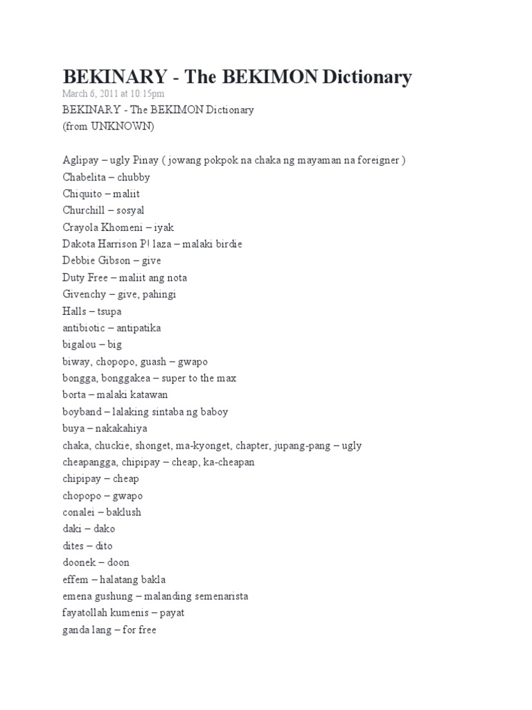 BEKINARY - The BEKIMON Dictionary: March 6, 2011 at 10:15pm | PDF