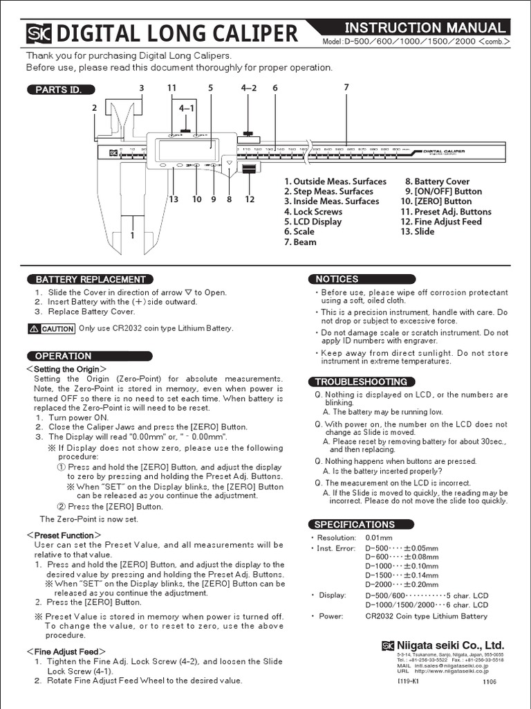 Digital Long Caliper D-500 Instruction Manual | PDF | Manufactured Goods