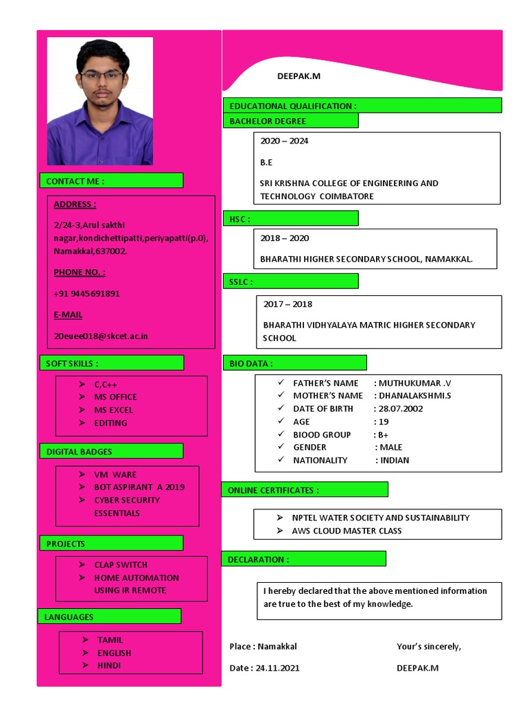 20euee018 Deepak.m Biodata | PDF