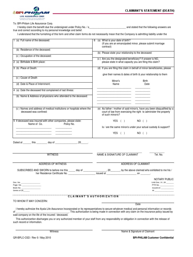 Claimant's Statement for Death Claim | PDF | Life Insurance | Common Law