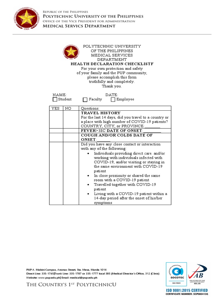 PUP Health Declaration Form B | Download Free PDF | Public Services ...