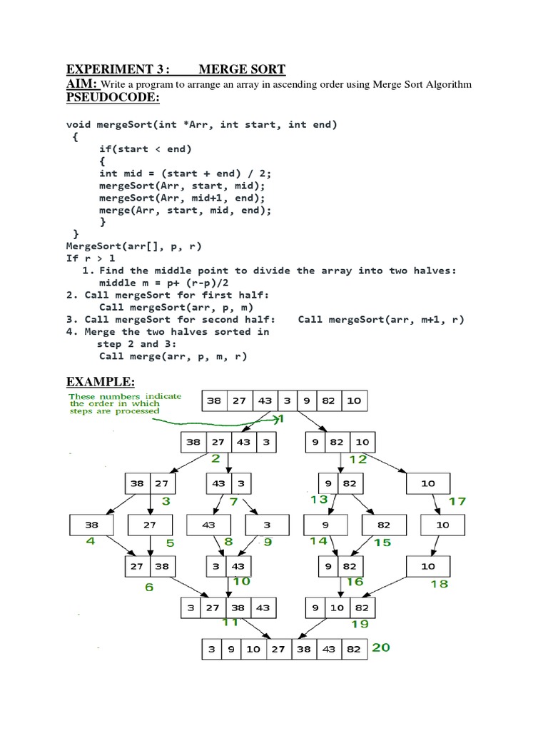Experiment 3 Merge Sort Aim Pseudocode Pdf Computing Computer Science