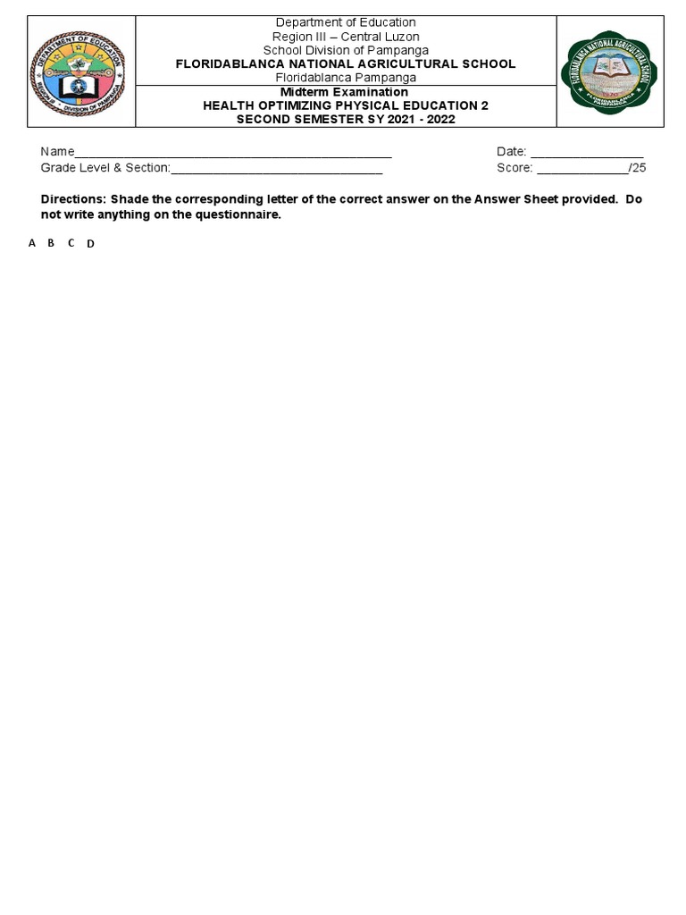 Health Education Midterm Exam 2021-2022 | PDF | Physical Fitness | Eating