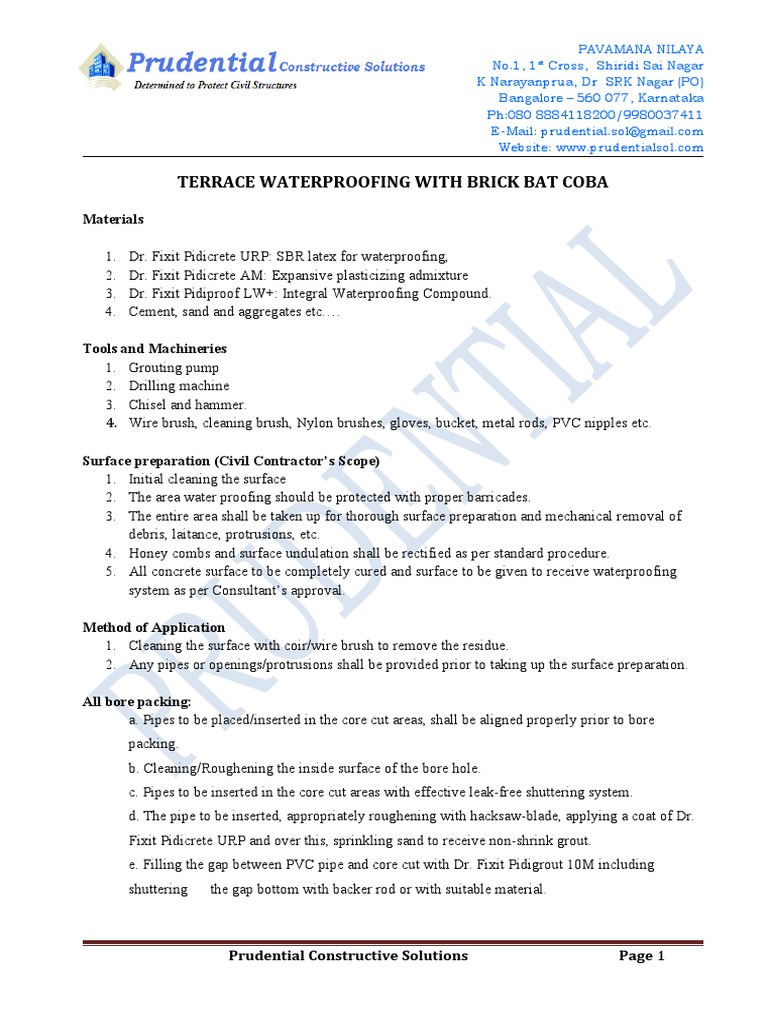 RSCF Method Statement Terrace Waterproofing | PDF | Concrete | Cement