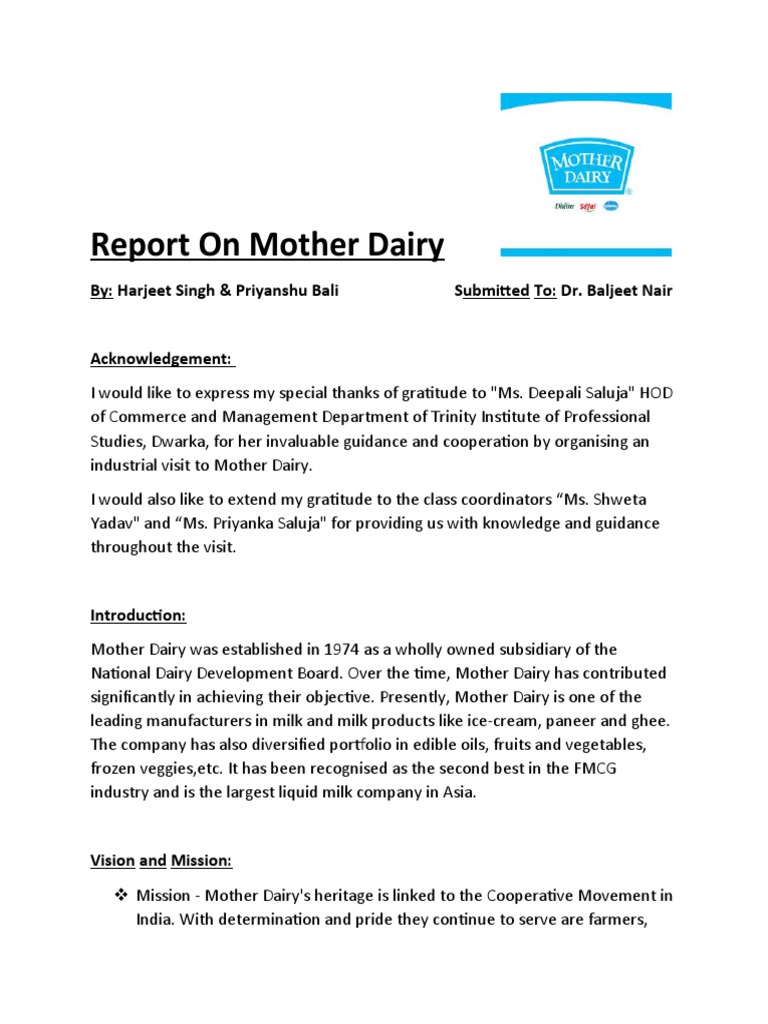 Report on Mother Dairy | PDF | Milk | Food And Drink