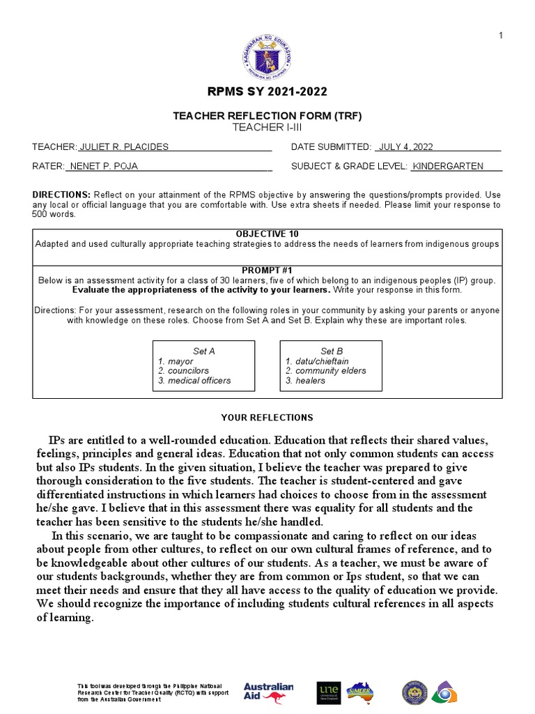 RPMS SY 2021-2022: Teacher Reflection Form (TRF) | PDF | Learning ...