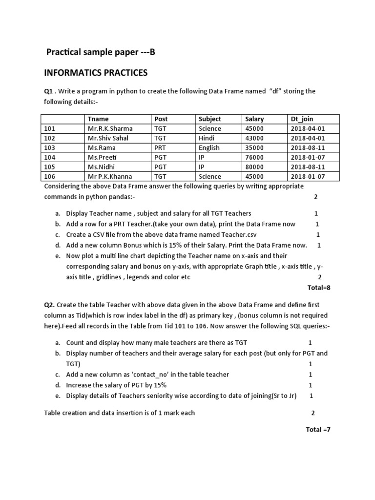 Practical Sample Paper - B Informatics Practices | PDF | Chart ...