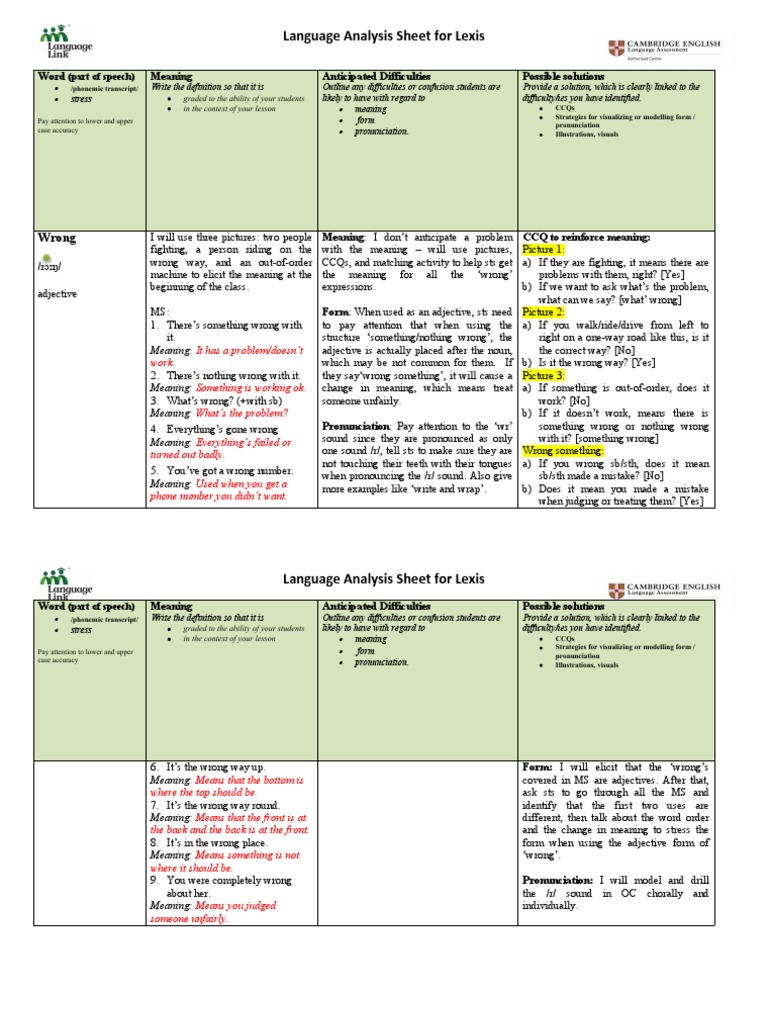 Language Analysis Sheet For Lexis: Word Meaning Anticipated ...