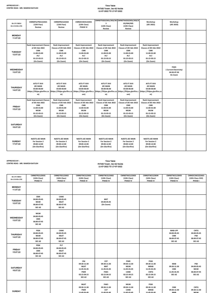 Click Here For Time Table of Fiitjee Tower, Sec-62, Noida | PDF