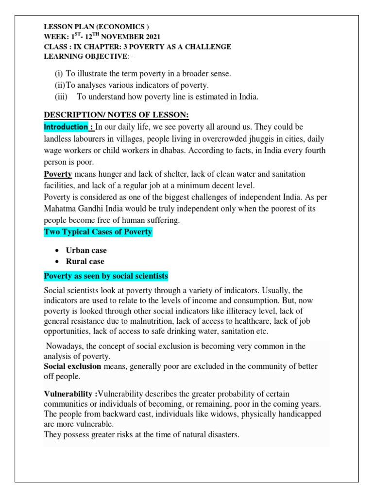 Lesson Plan (Economics) Week: 1 - 12 November 2021 Class: Ix Chapter: 3 ...