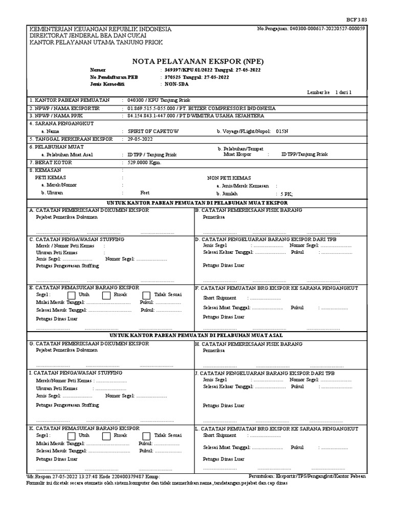 Nota Pelayanan Ekspor (Npe) | PDF