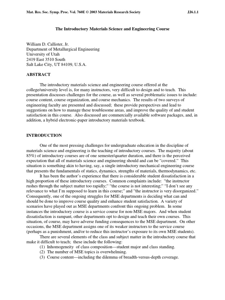 The Introductory Materials Science and Engineering Course | PDF ...