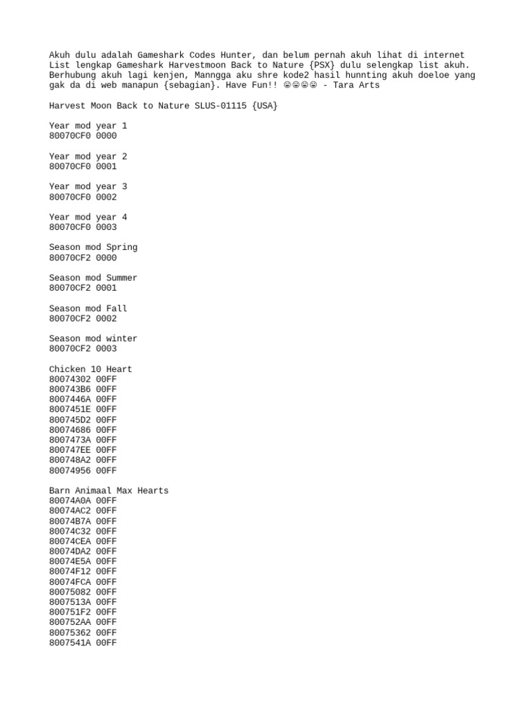 Cheat Harvest Moon Paling Lengkap (PS1) | PDF