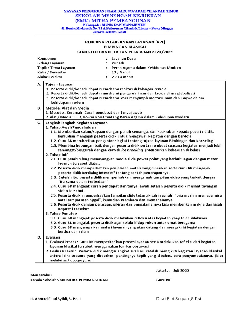 Rencana Pelaksanaan Layanan BK SMK | PDF | Karier & Perkembangan