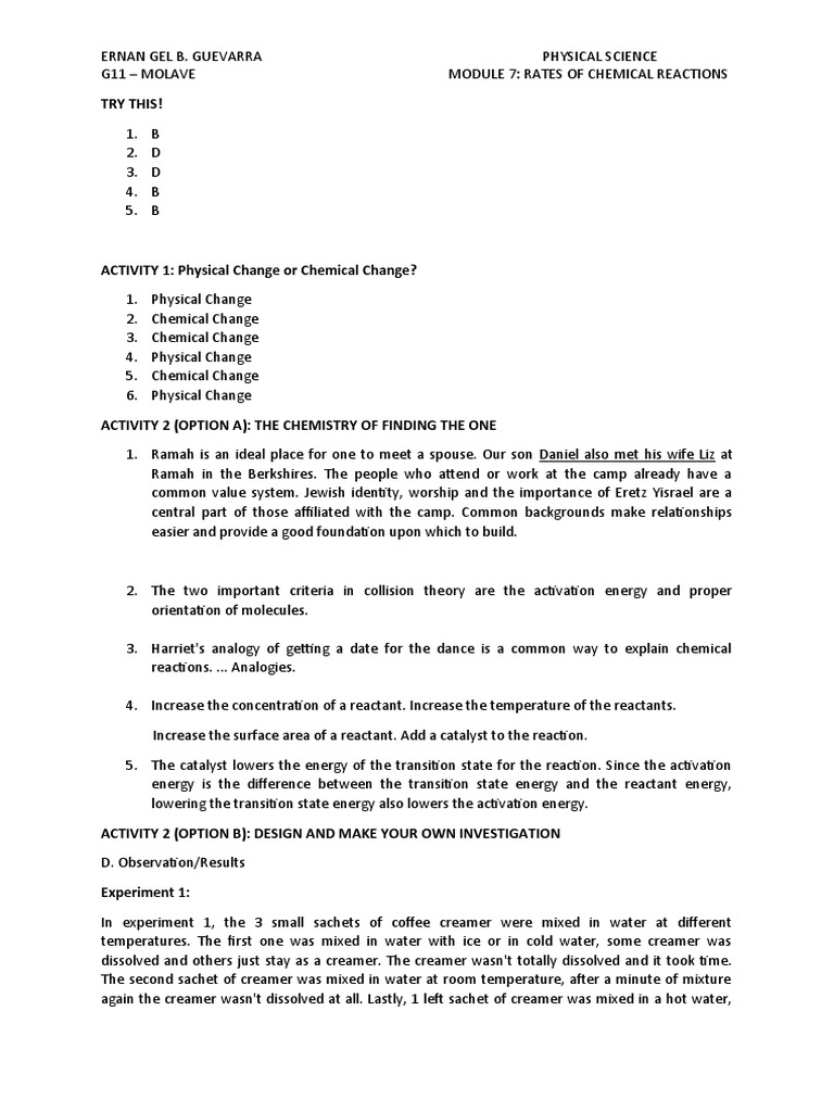 Physical Science Module 7 Rates of Chemical Reactions | PDF | Reaction ...