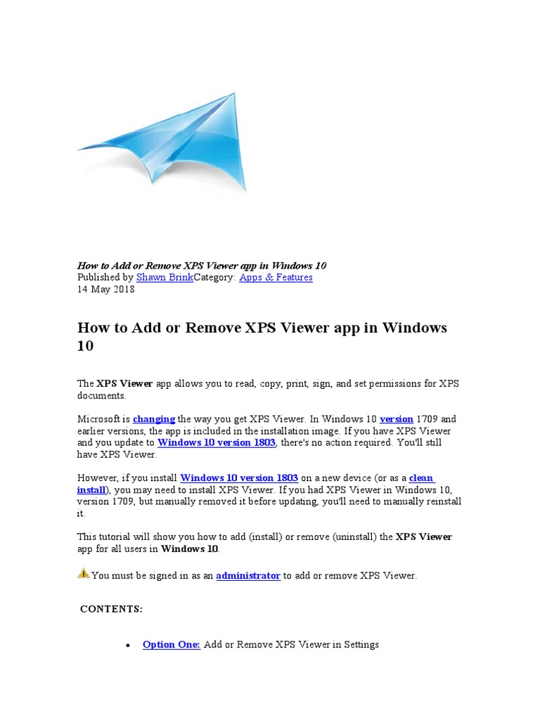 Add or Remove XPS Viewer App in Windows 10 | Download Free PDF | Windows 10 | Windows Xp