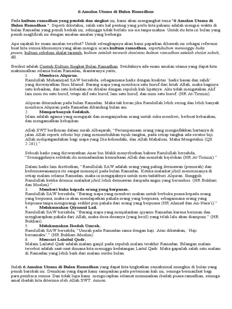 6 Amalan Utama Di Bulan Ramadhan | PDF