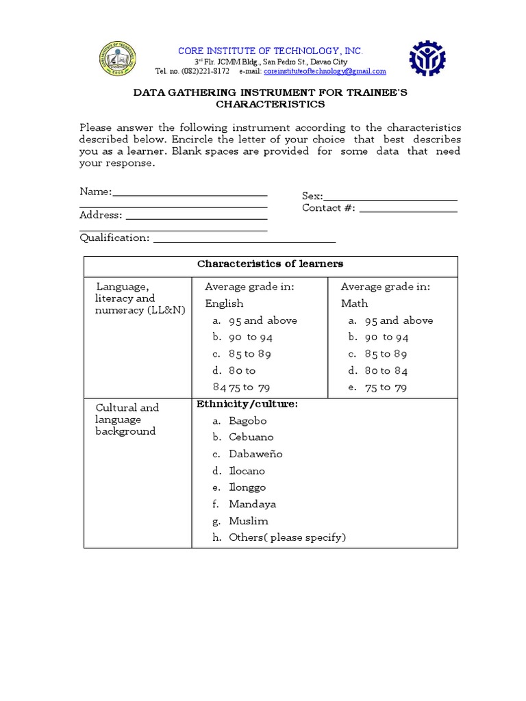 01 Sample DATA GATHERING INSTRUMENT For Trainees Characteristics ...
