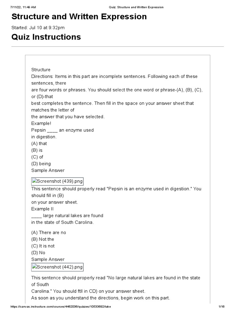 Structure and Written Expression Quiz Instructions | PDF
