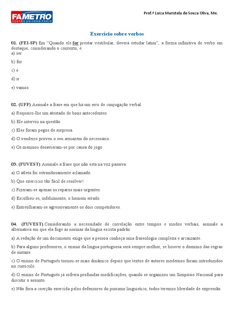 Exercício - Verbos | PDF | Linguística | Gramática