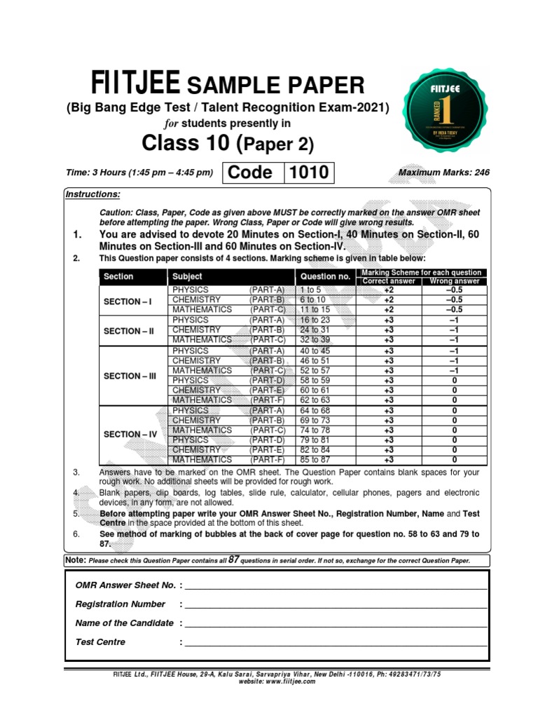 FIITJEE Class 10 Sample Paper 2021 | PDF | Teaching Methods & Materials