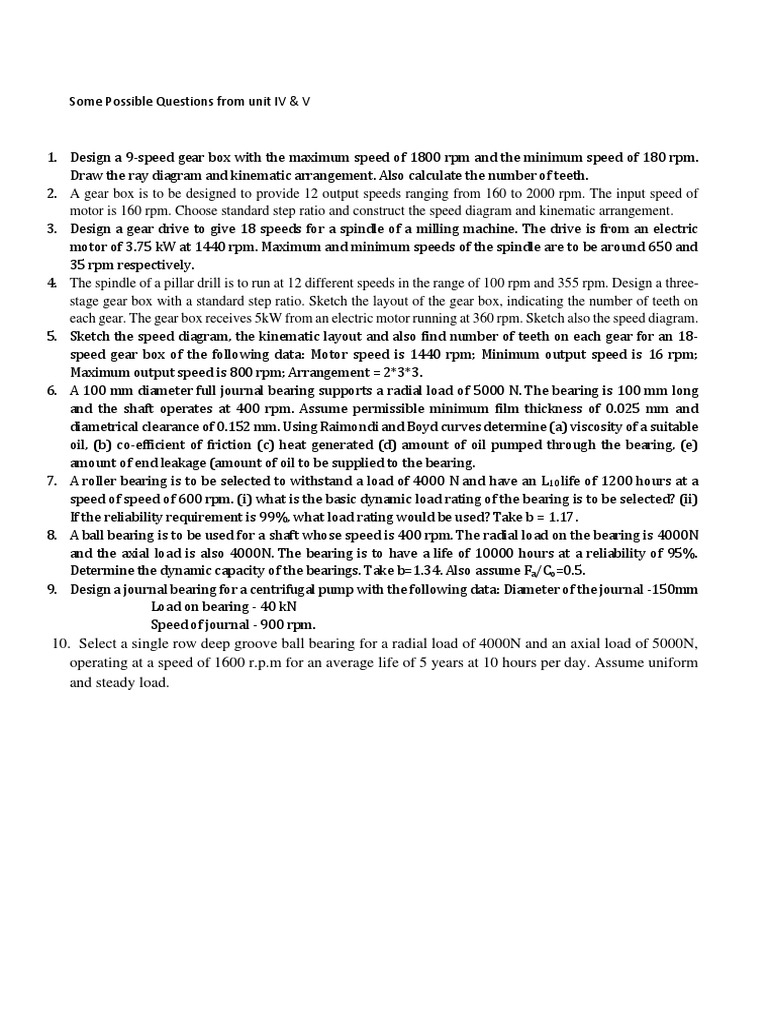 Some Possible Questions | PDF | Gear | Bearing (Mechanical)