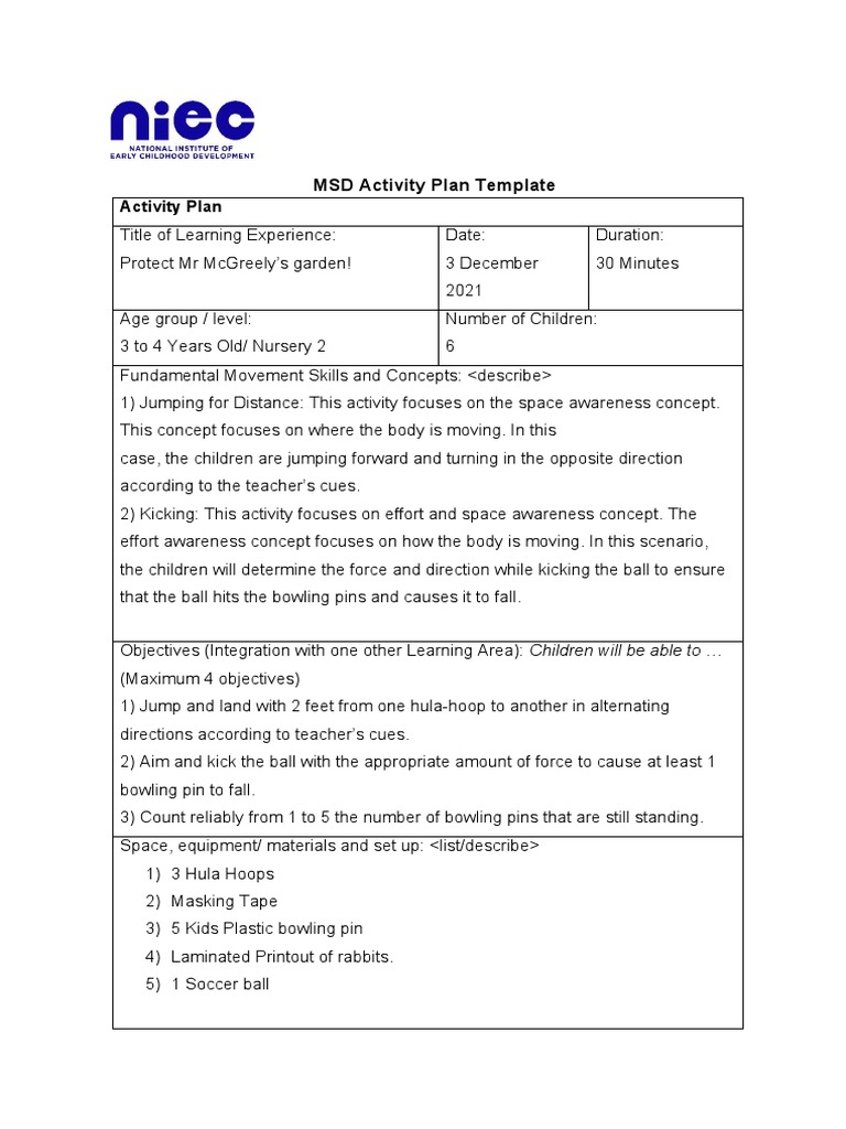 MSD Activity Plan Template | PDF | Learning | Teachers