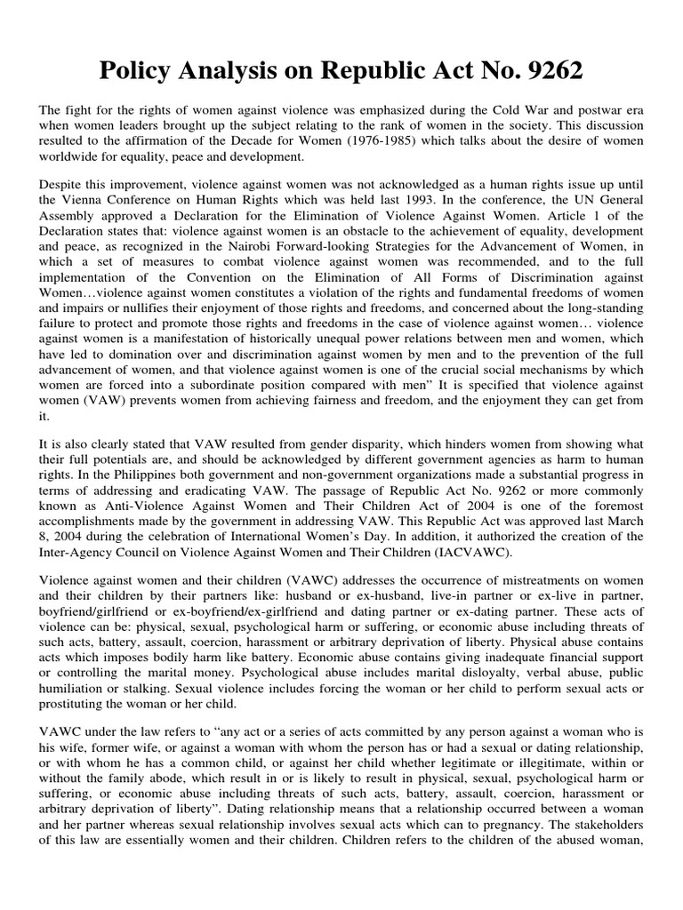 Analysis of Republic Act No. 9262: VAWC | PDF | Violence Against Women ...