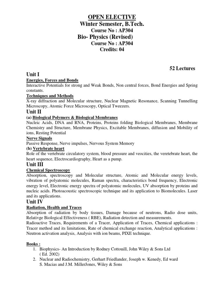 Open Elective Winter Semester, B.Tech. Bio-Physics (Revised) | PDF ...