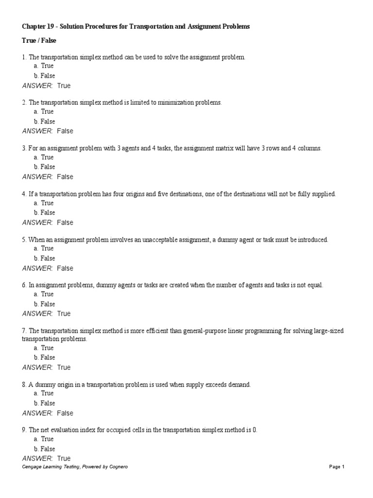 ANSWER: True: Chapter 19 - Solution Procedures For Transportation and Assignment Problems True ...