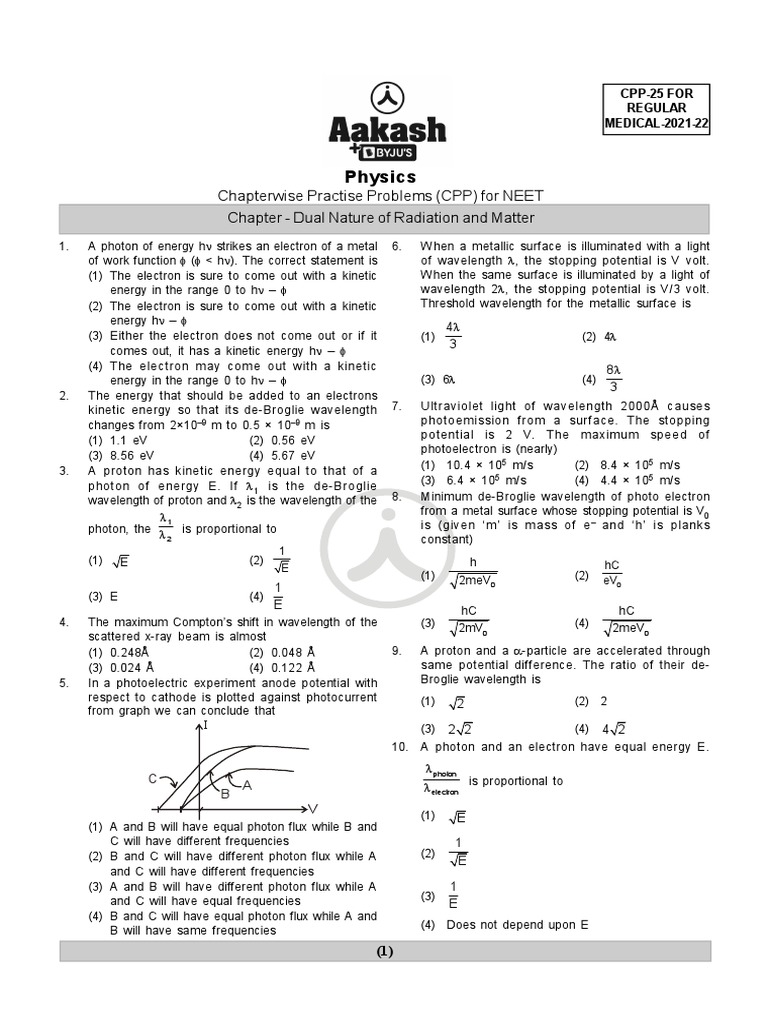 Physics: Chapter - Dual Nature of Radiation and Matter Chapterwise ...
