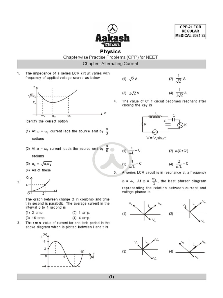 Physics: Chapter - Alternating Current Chapterwise Practise Problems (CPP) For NEET | PDF ...