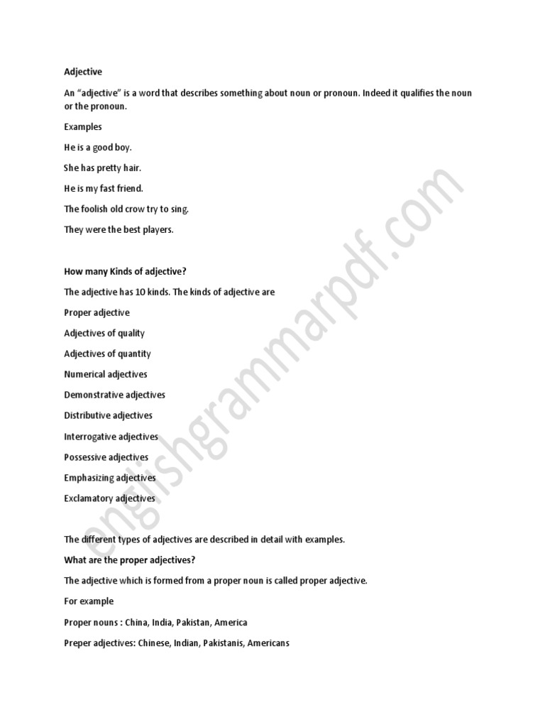 Adjective And Its Types Pdf Pdf Adjective Noun