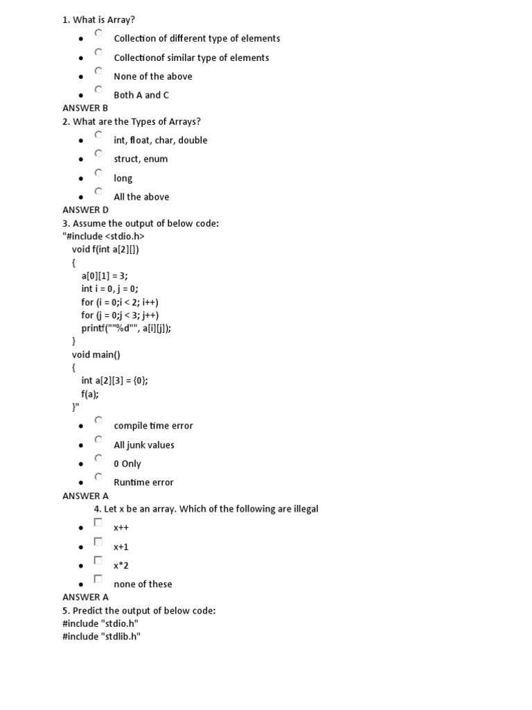 C Arrays: Quiz and Code Analysis | PDF | Pointer (Computer Programming) | Array Data Structure