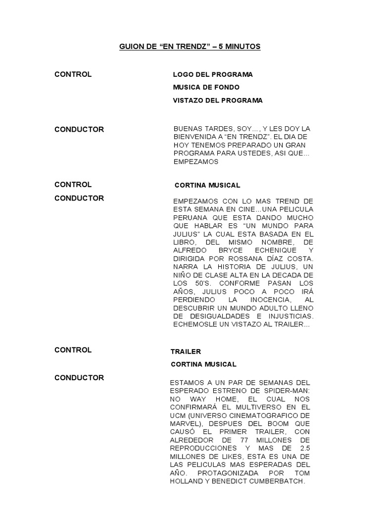 Guion de Programa de 5 Minutos Television | PDF