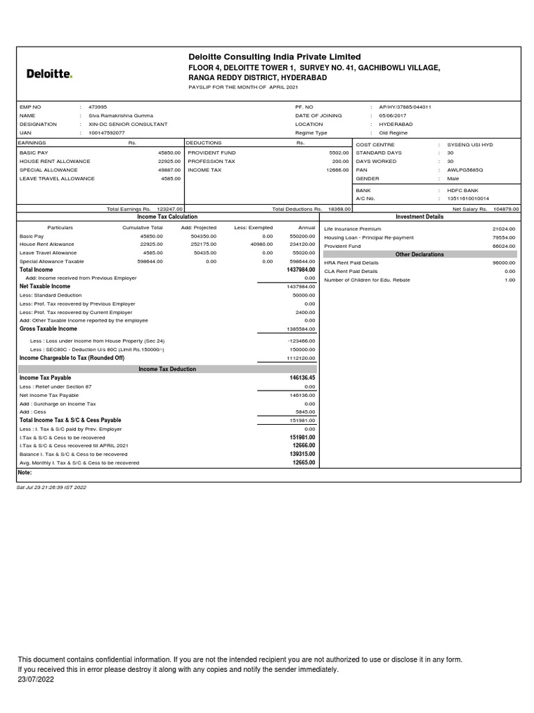 Pay Slip_473995_Apr-21 | PDF | Tax Deduction | Taxes