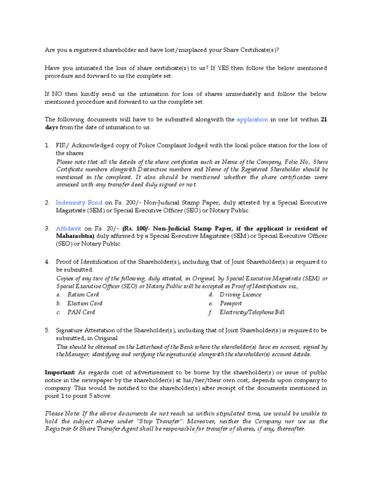 Procedure To Obtain Duplicate Share Certificate