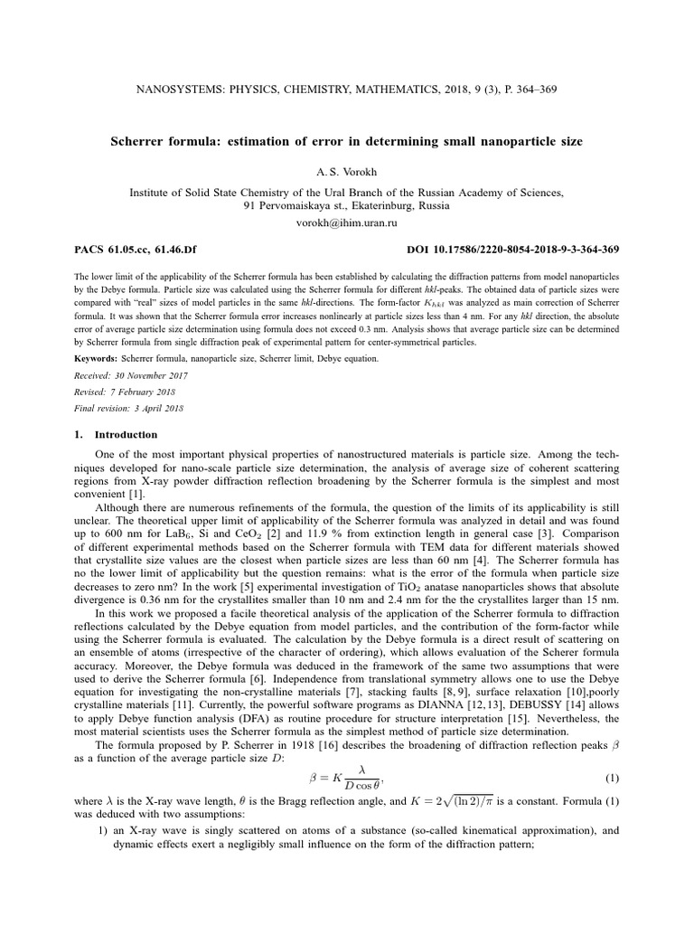 Scherrer Formula Estimation of Error in Determining Small Nanoparticle ...