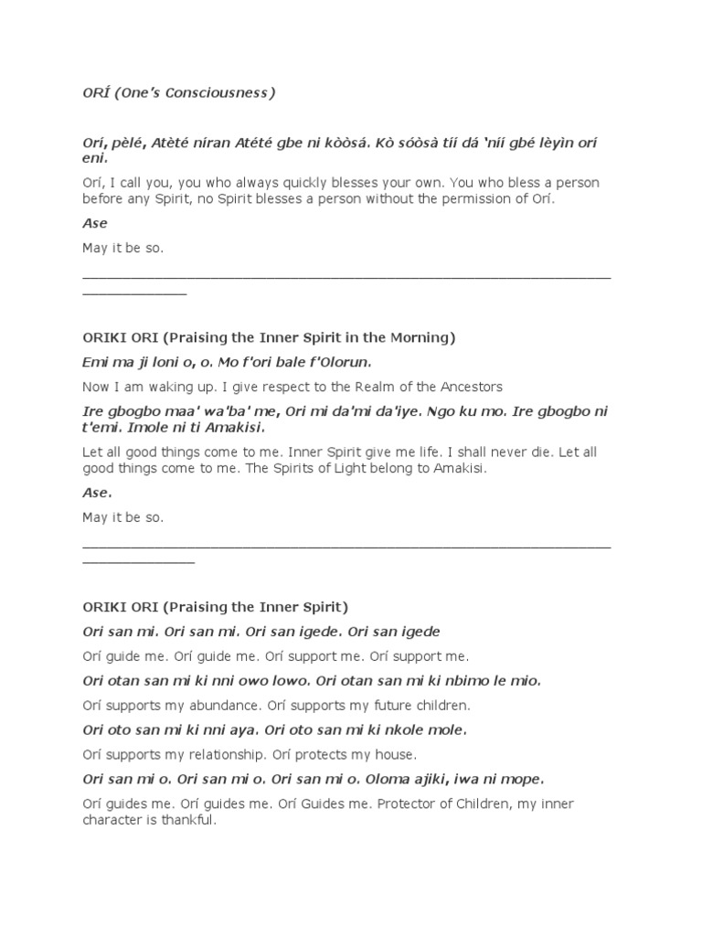 ORIKI ORI (Praising The Inner Spirit in The Morning) | PDF