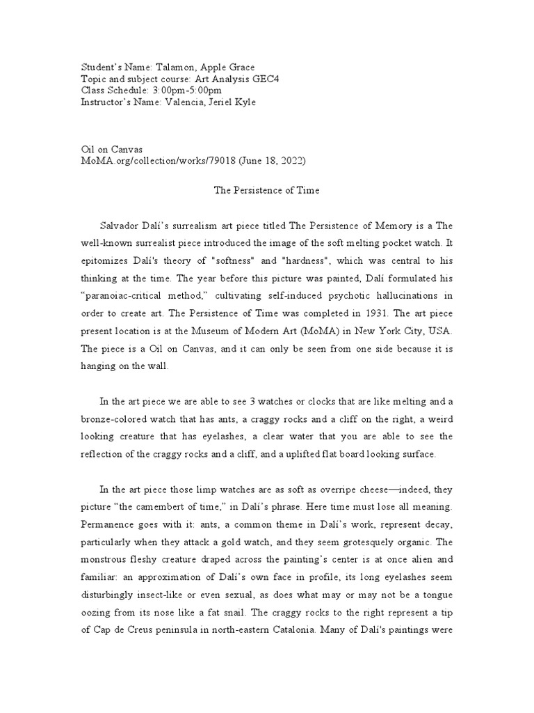 Analysis of Dalí's Persistence of Memory | PDF | Salvador Dalí
