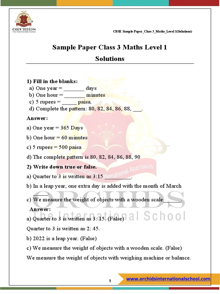 Sample Paper Class 3 Maths Level 1 Solutions: 1) Fill in The Blanks ...
