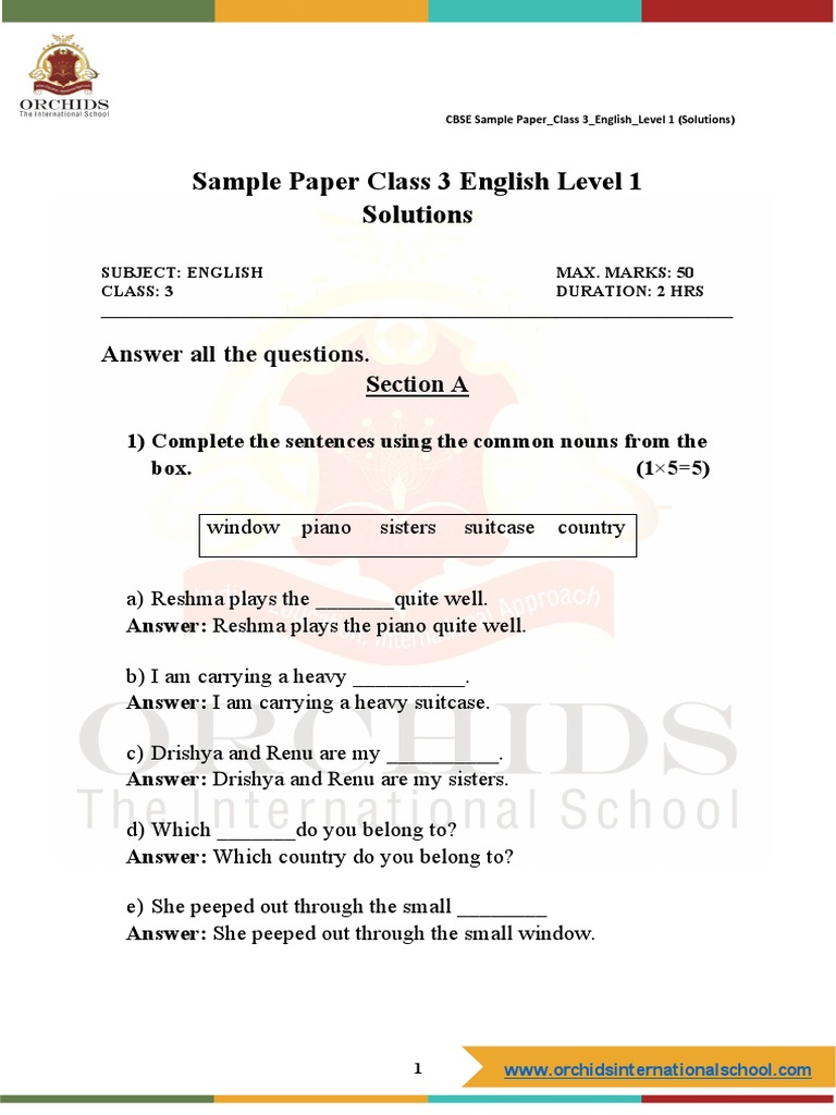 Sample Paper Class 3 English Level 1 Solutions: Answer All The ...