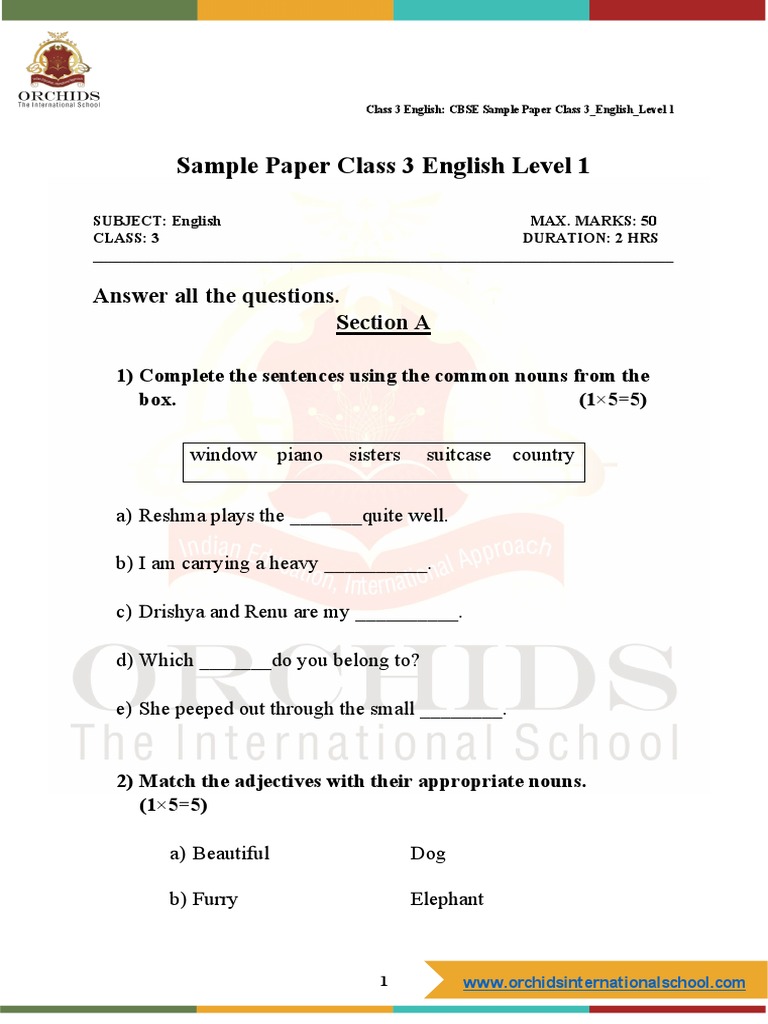 CBSE Sample Paper Class 3 English Level 1: Answers and Analysis | PDF ...