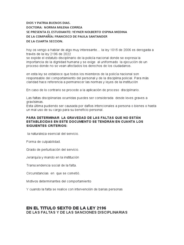 Expocicion de La Ley 2196 de 2022. Nuevo Estatu Diciplinario Policia | PDF | Intención (Derecho ...
